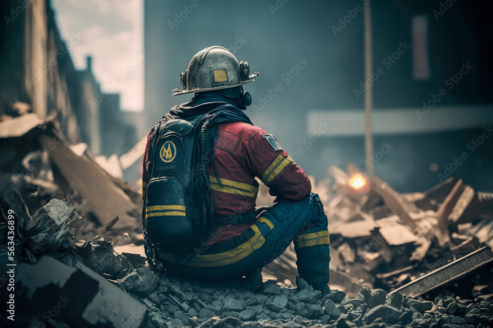 Brave Fighter: A fireman tired and sad sitting on collapsed rubble ...