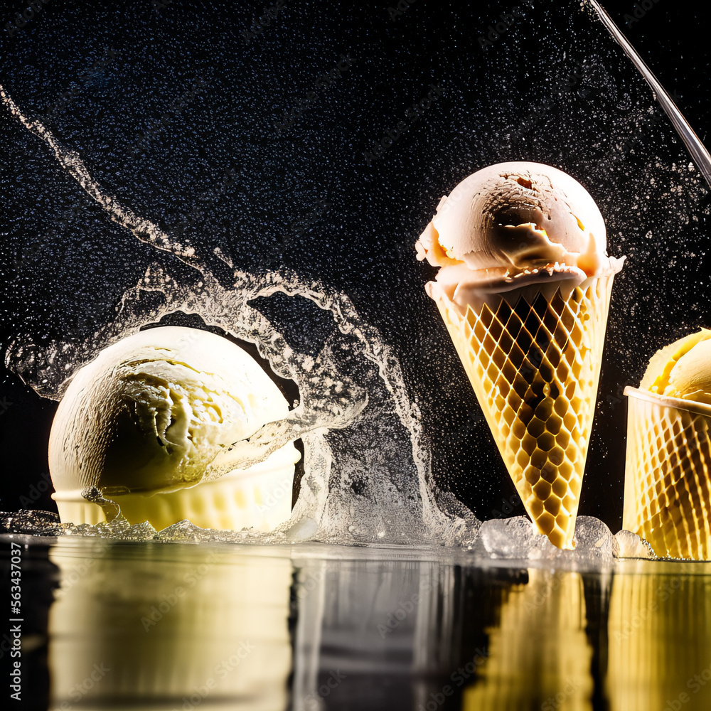 Closeup view of three vanilla ice cream cones falling into the water ...