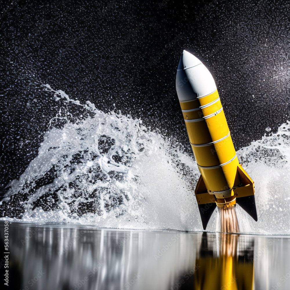 Yellow and white rocket missile flying out of the water with a flame ...