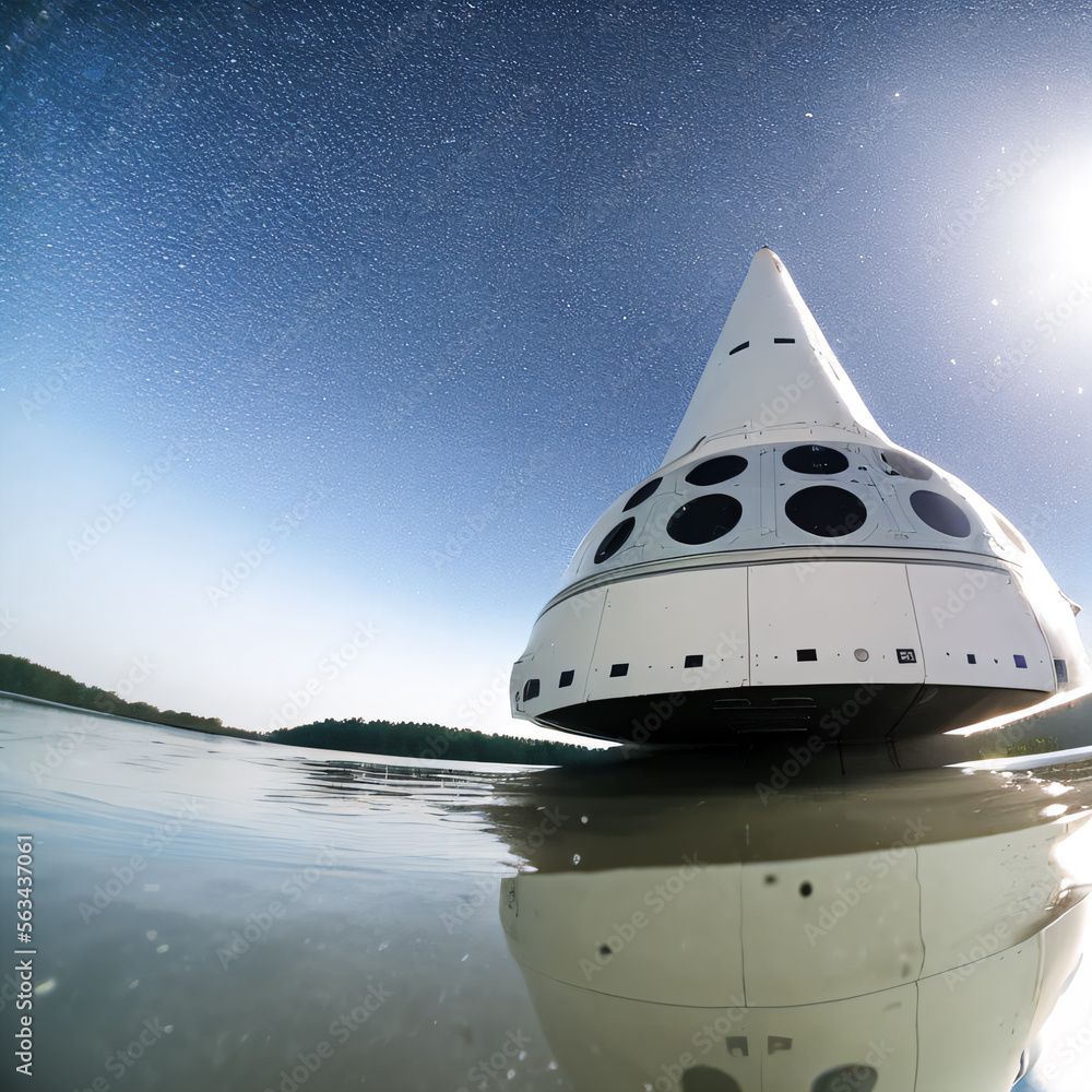 Spaceship capsule floating lightly on the water surface of lake after ...