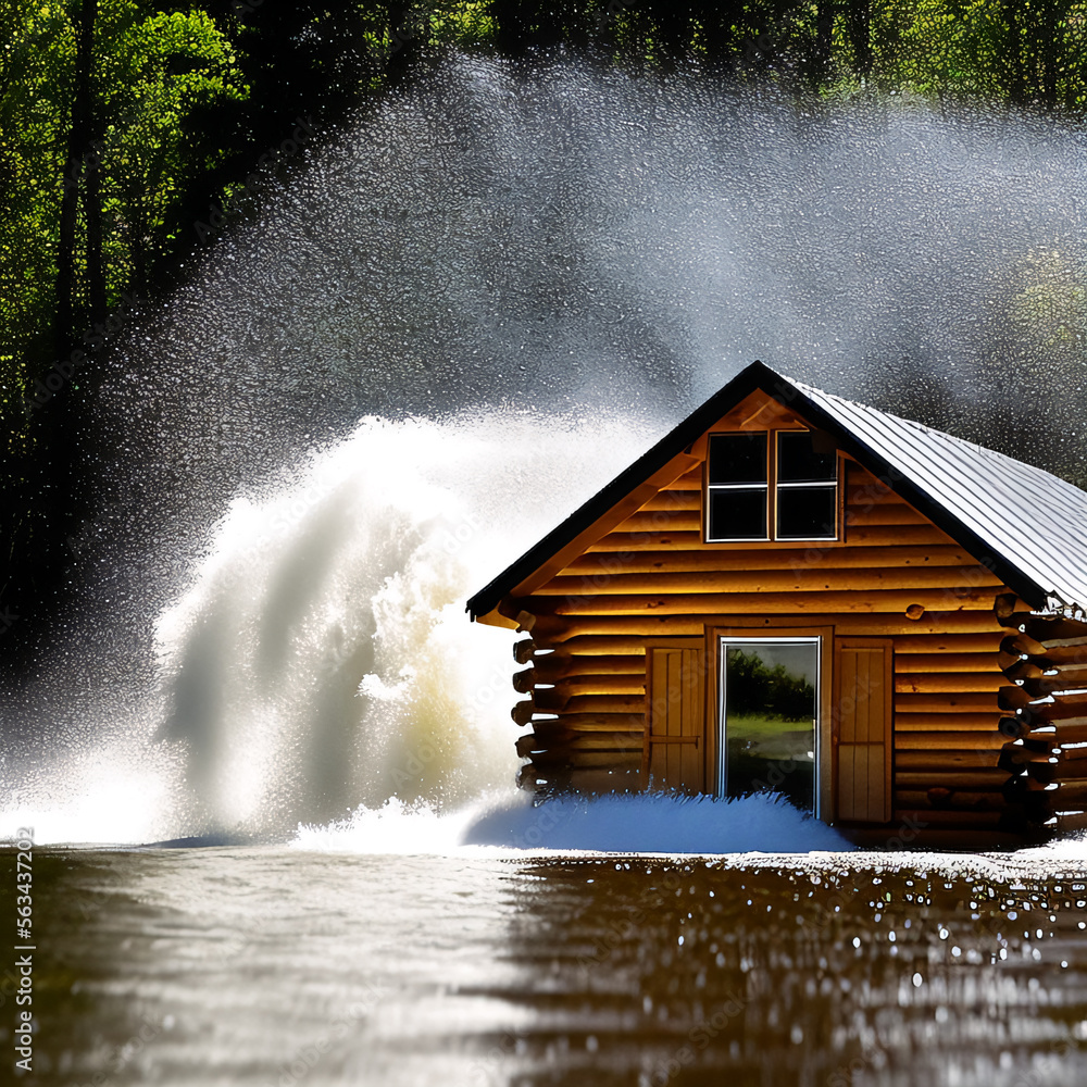 Log cabin splashed by a dangerous flood of water with a dramatic wave ...