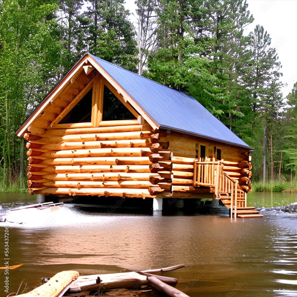 Log cabin built on stilts elevated above the flood water in a daytime ...