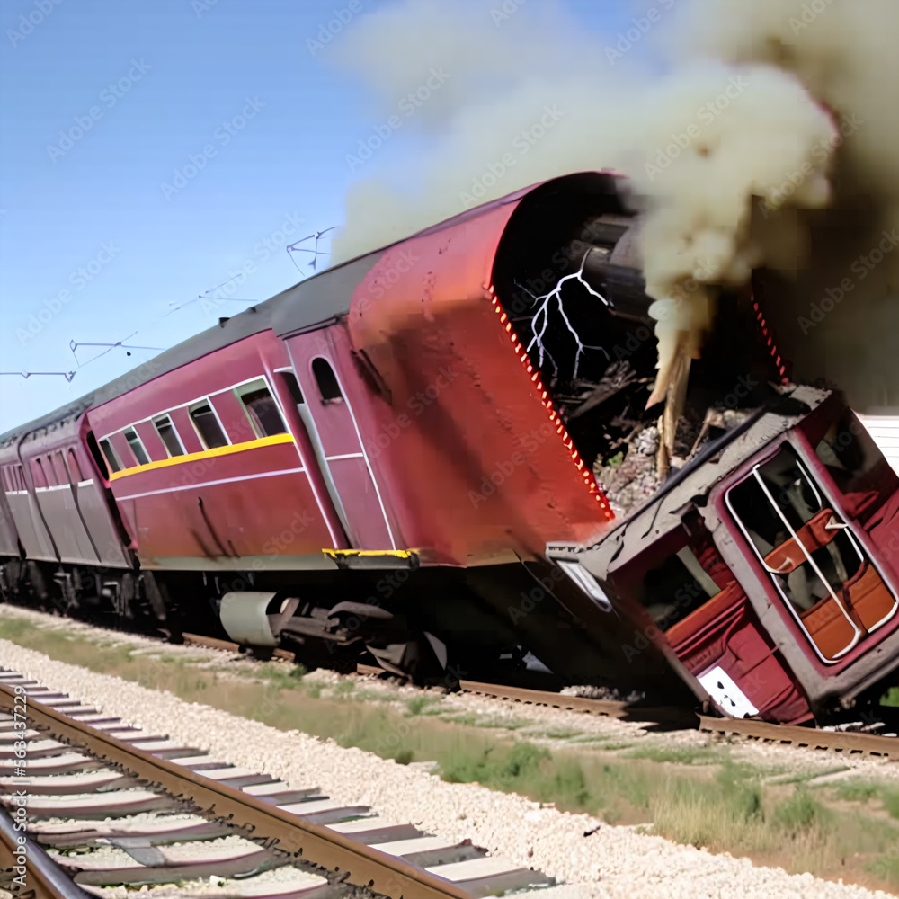 Train wreck crash accident with smoky inferno on railway with electric ...
