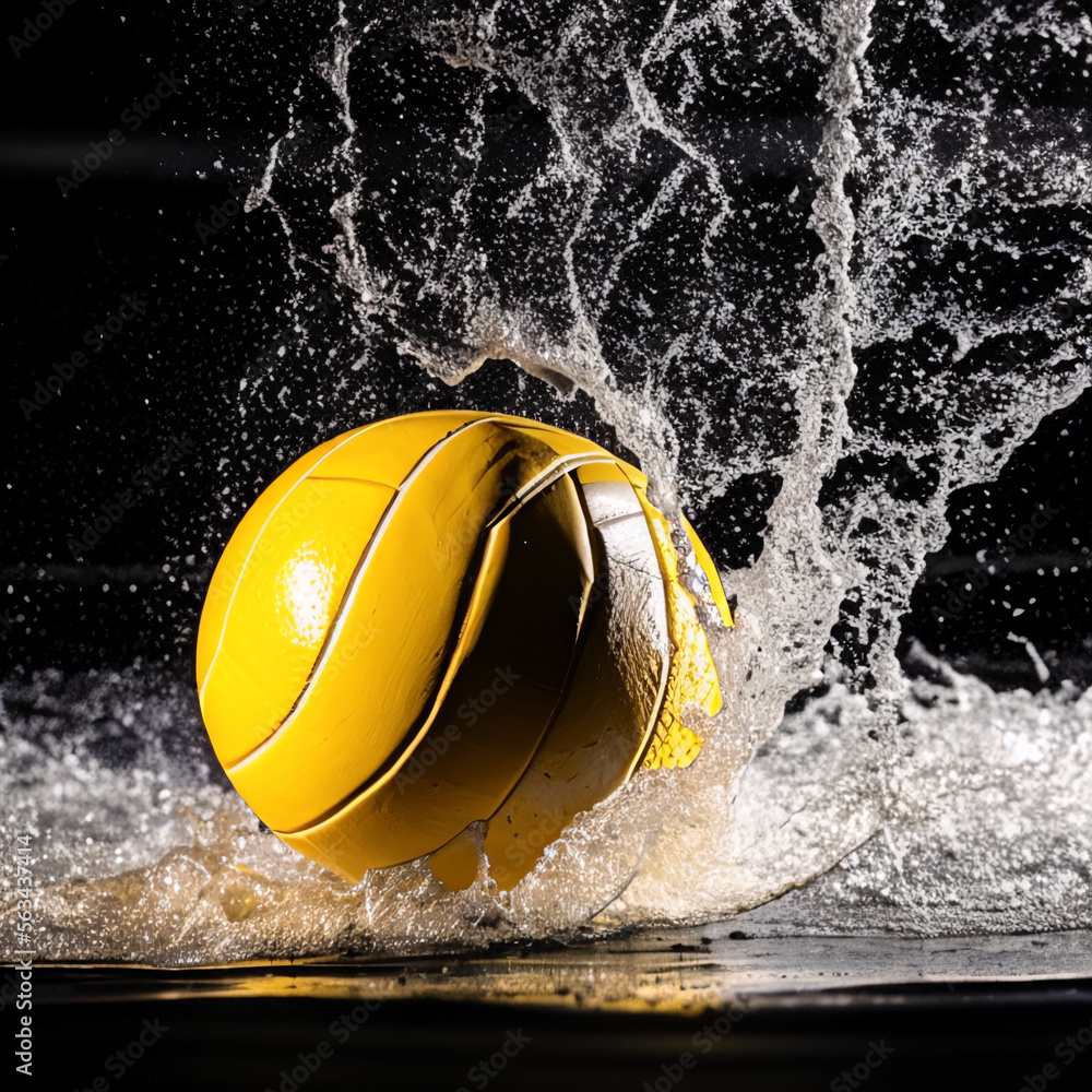 Isolated wet volleyball ball partially submerged underwater with ...