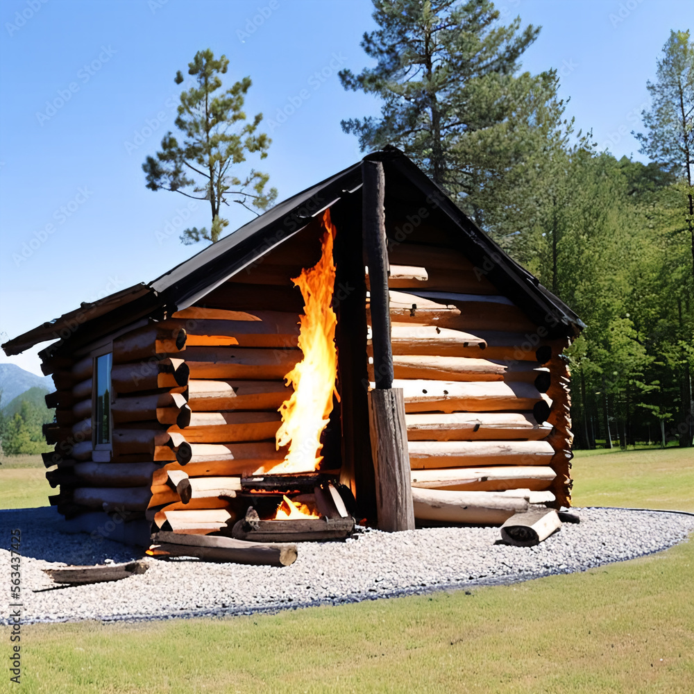 Log cabin burning with smoky orange flames in a fiery twilight inferno ...