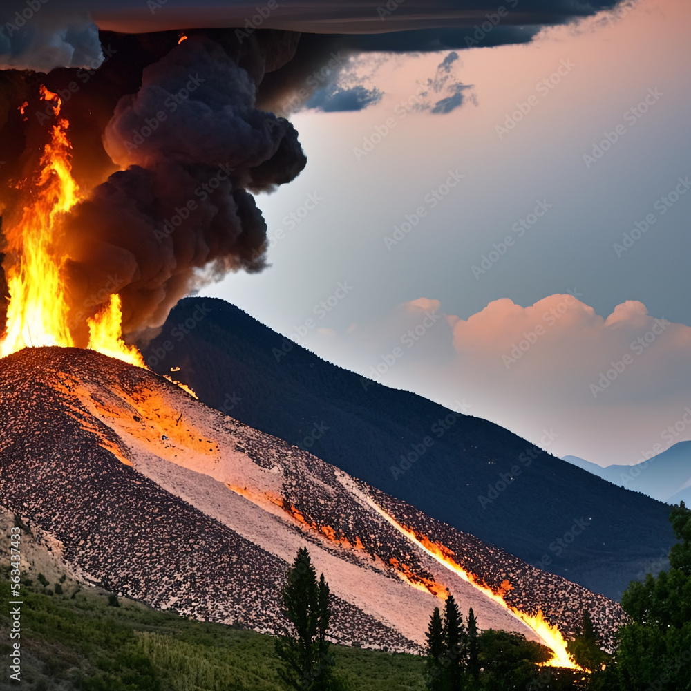 Mountain on fire burning with smoky orange flames and fiery inferno and ...
