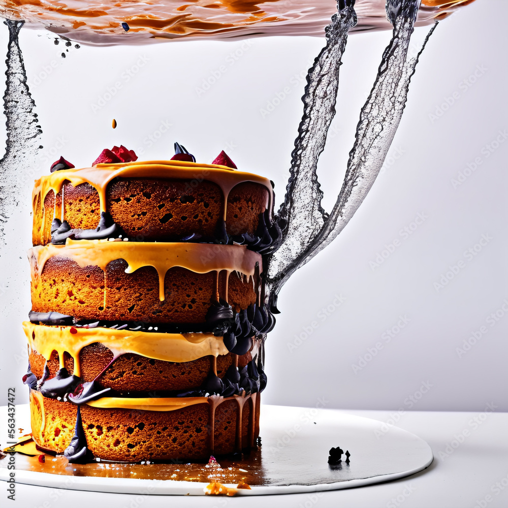 Isolated closeup view of a 4-layer cake with partial frosting getting ...