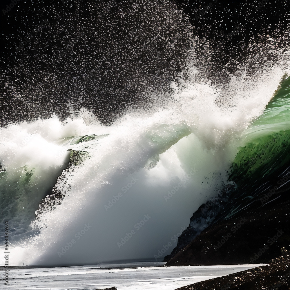 Closeup of mountain cliff splashed by intense cascading waterfalls with ...