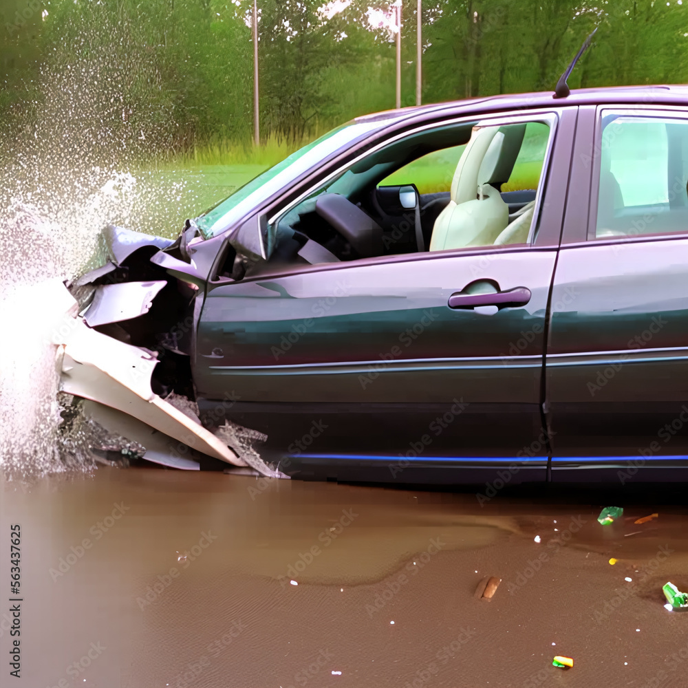 Blue sedan car crash accident in flooded roadway with huge splash of ...