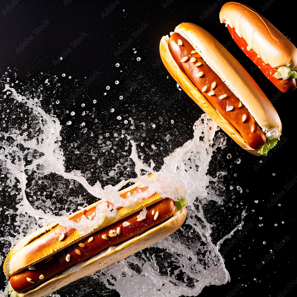 Closeup view of hot dogs and buns with toppings getting thrown into the ...