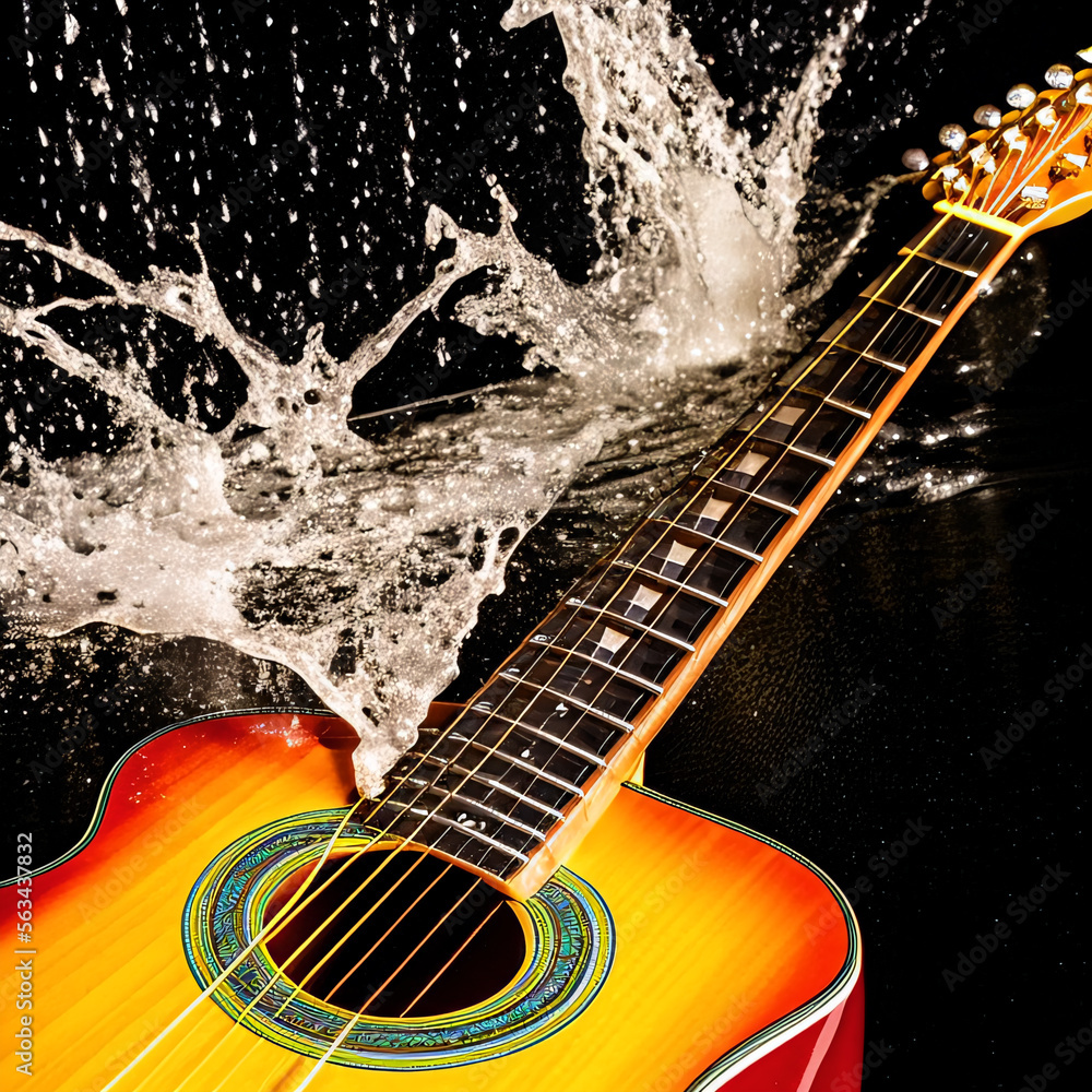 Isolated acoustic guitar partially submerged underwater upright with ...