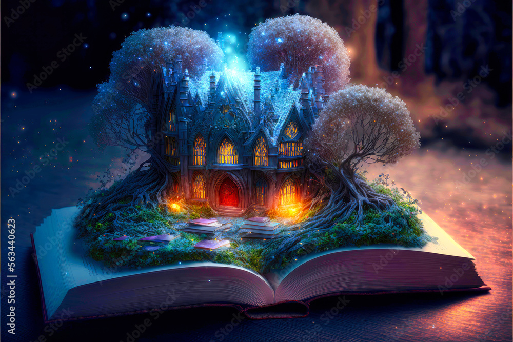 An opened magical book with a realistic castle in a fairy tale ...