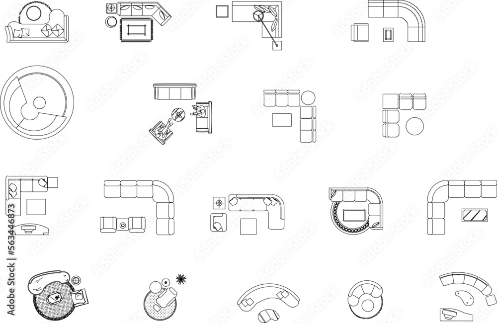icons set sketch vector illustration of a floor plan of a living room ...