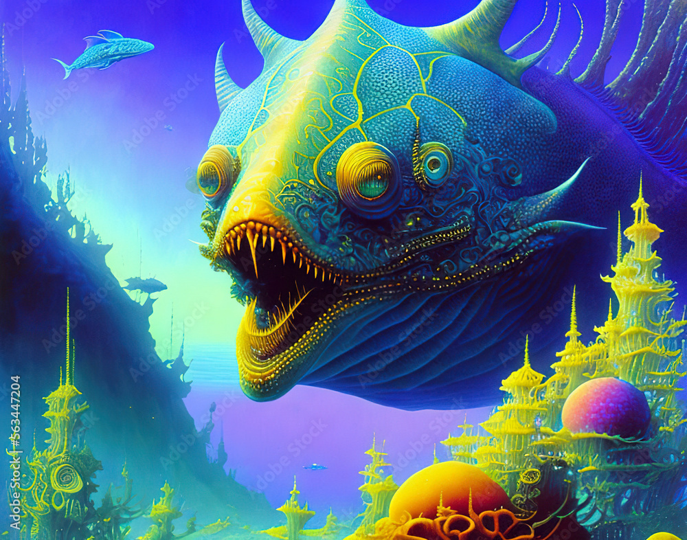 Large sea monster with sharp teeth underwater in the ocean with fantasy ...