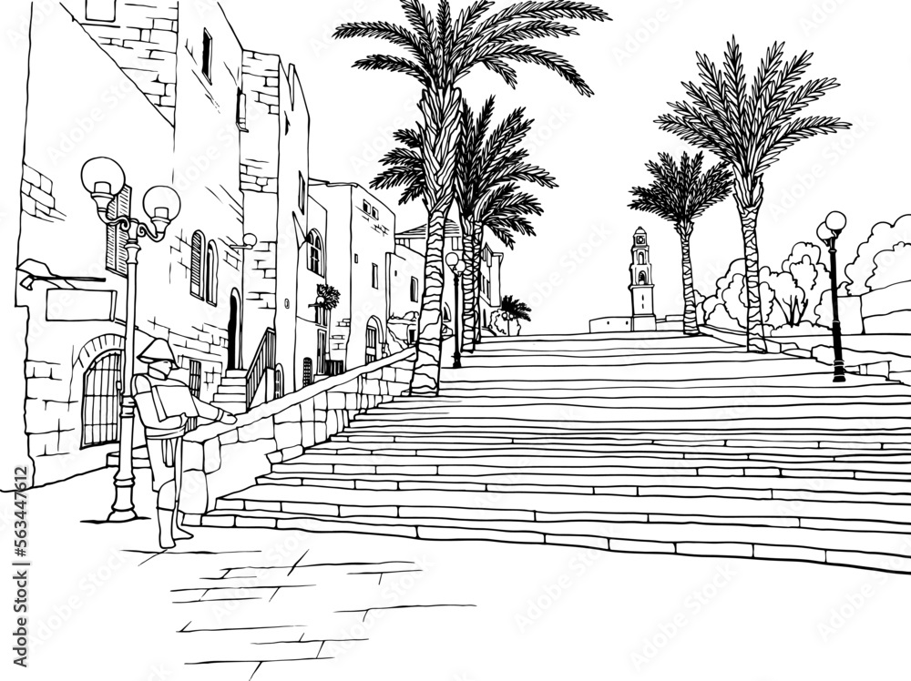 Nice view of the Old Jaffa, Tel Aviv, Israel. Hand drawn sketch. Line ...