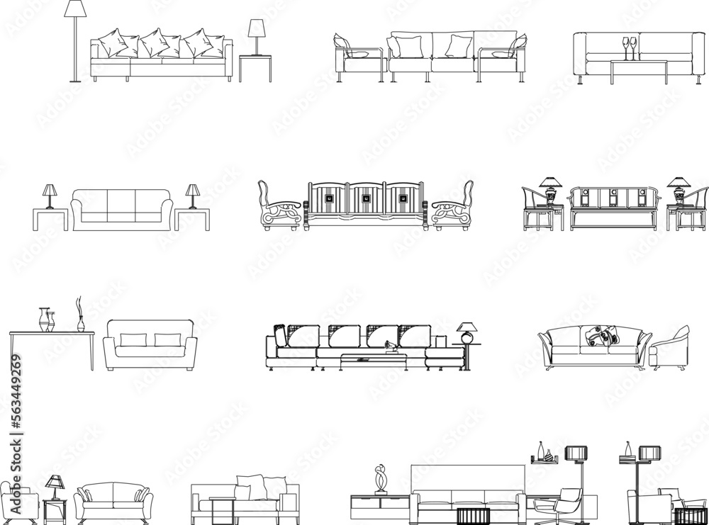 set of drawings vector sketch of black and white living room sitting ...