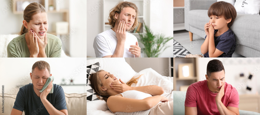 Collage with many people having toothache at home Stock Photo | Adobe Stock