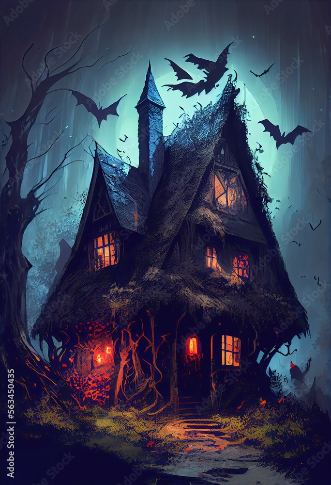 Witches house hut under a full moon haunted eerie bats night spooky ...