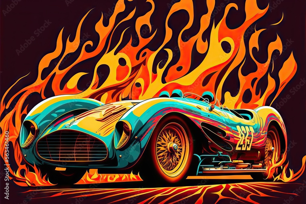 Illustration of classic sport race car on fire, with full color design ...