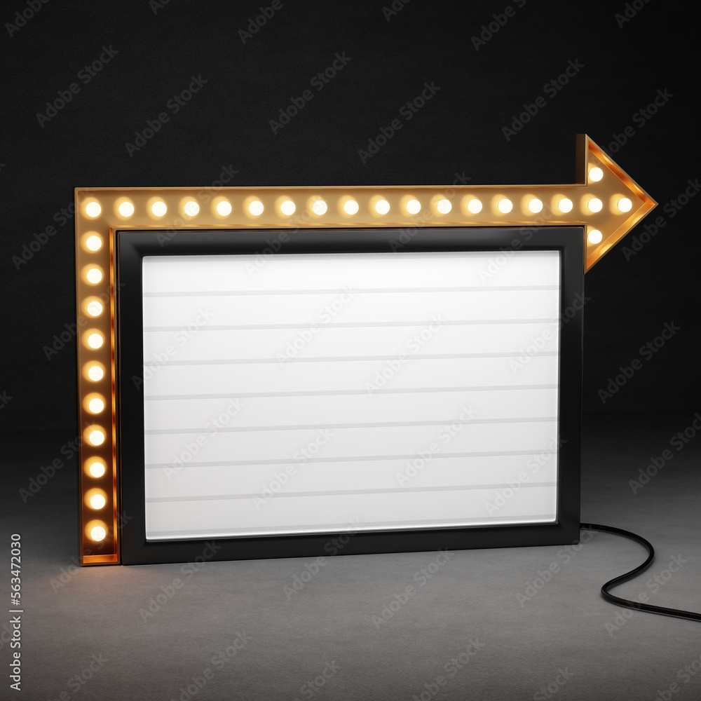 3d retro black and gold signboard with glowing yellow light bulb ...