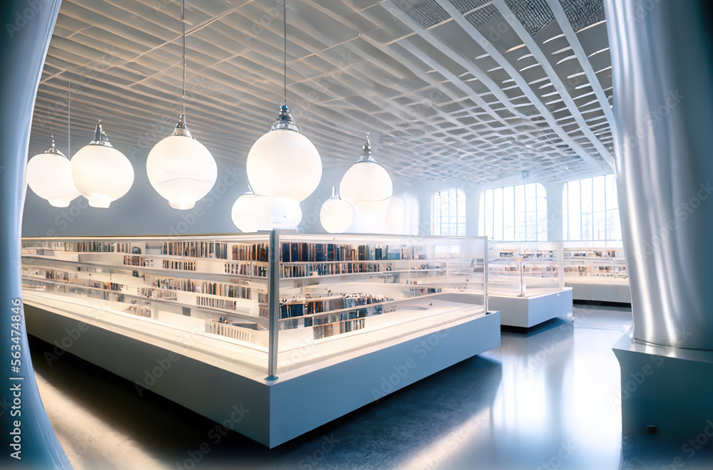 Futuristic library architectural design, built with glass and concrete ...