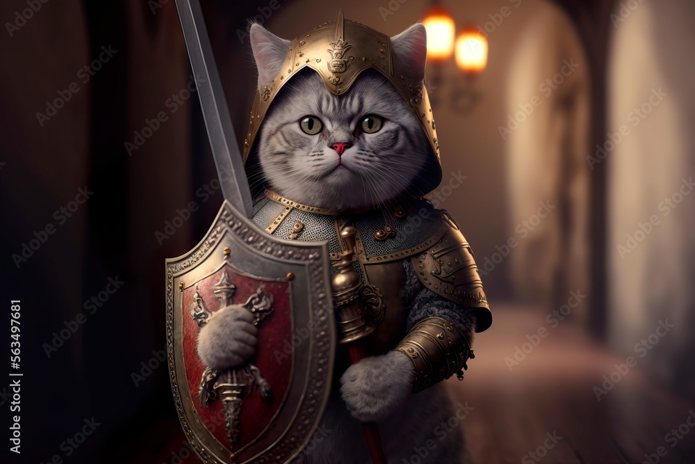 Cat character concept with shield and sword in ancient ages Generative ...