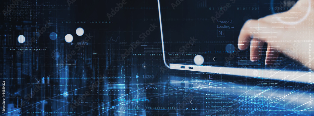 Data science, digital technology concept. Computer science engineer programming on laptop ...