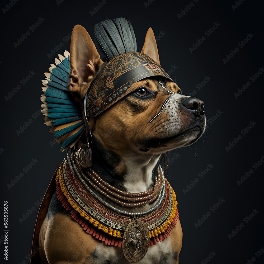 Professional studio picture of a dog dressed in an Aztec warrior ...