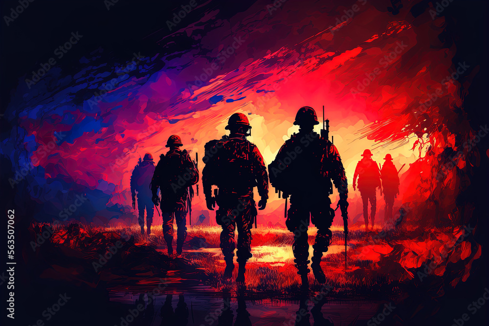 "Ruck March Rave: Silhouettes of Soldiers and Vibrant Background ...
