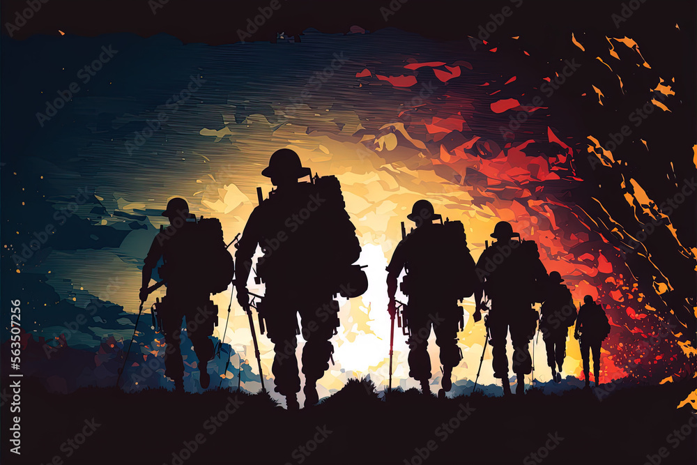 Marching to Victory: Silhouettes of Soliders on a Ruck March with ...