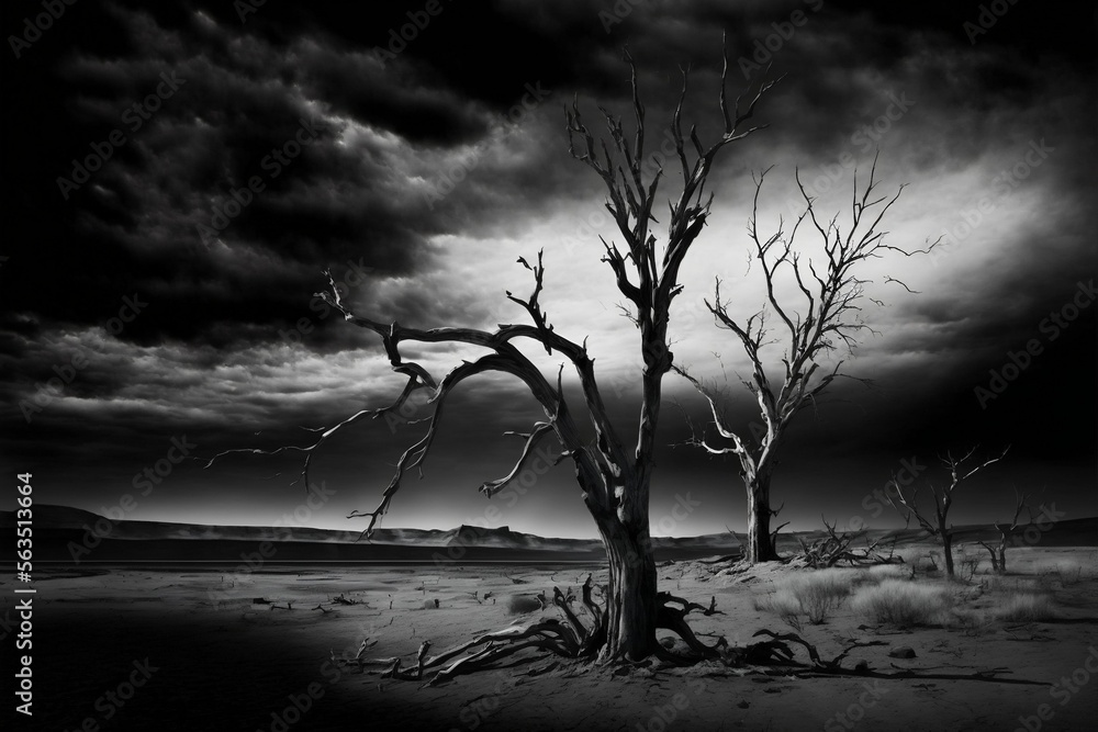 Desolate Wasteland with black ground, black skies, and dead trees black ...