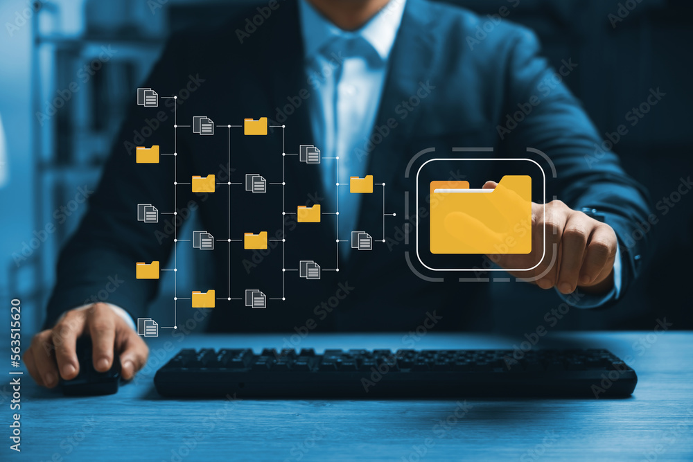 Document management system concept, business man holding folder and ...