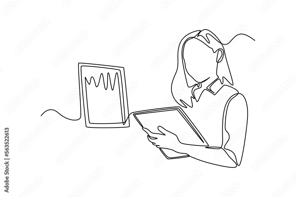 Continuous one line drawing happy woman makes budget planner with ...