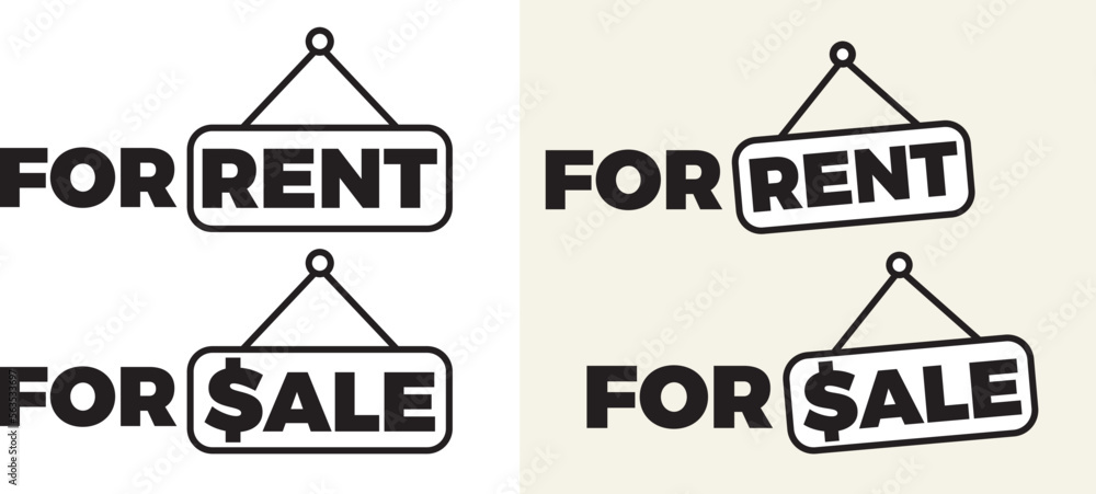 For Rent and For Sale Sign. With text “RENT” and “SALE” on Hanging Door ...