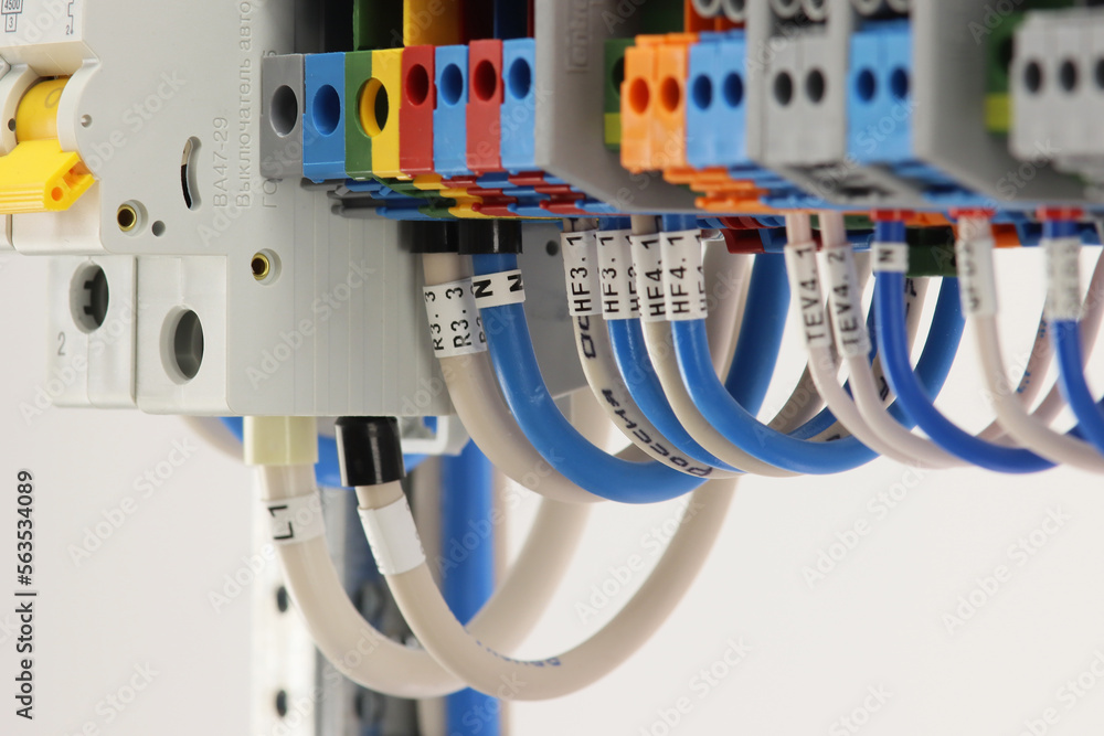 Electrical terminals with connected mounting wires marked with ...