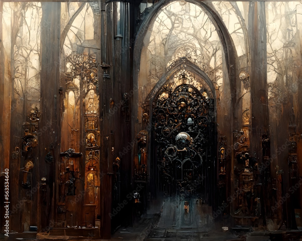 heavy wood and wrought iron cathedral doors Gothic masonic carvings ...