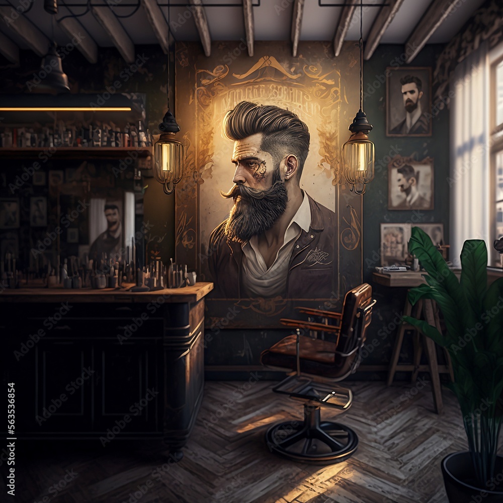 A barber styling the hair in the salon , big table ,old school bar ...