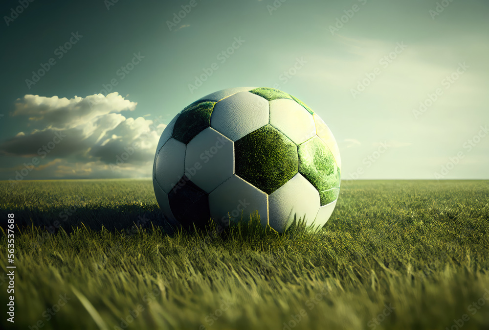 Soccer ball on grass field at rural scene and sky background. Sport and ...