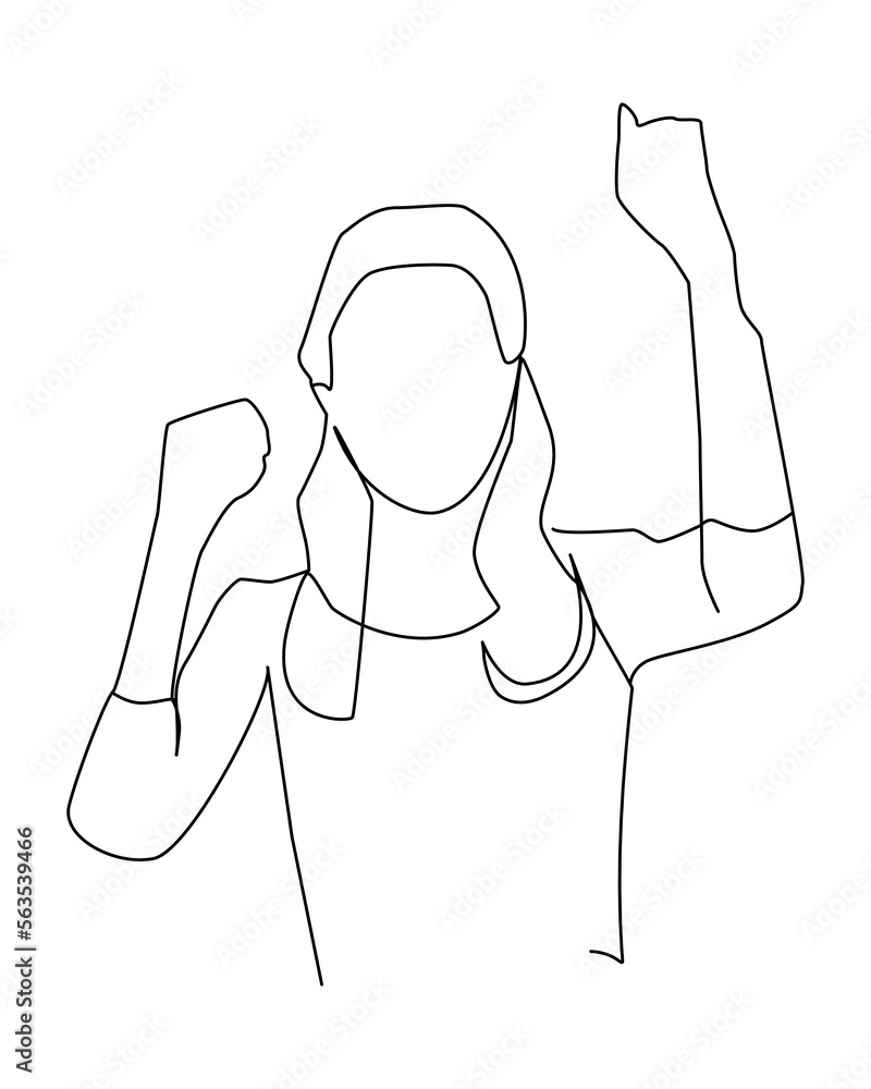 Single line drawing of a excited happy woman about something. Cheer up ...