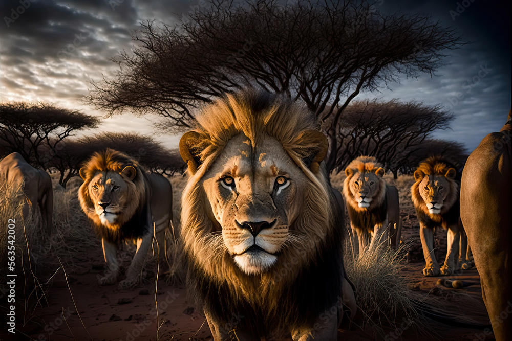 Lions hunt. Wild african animals. Post-processed digital AI art Stock ...