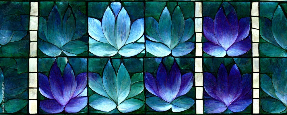 rectangular stained glass window repeating panels shaped like lotus ...