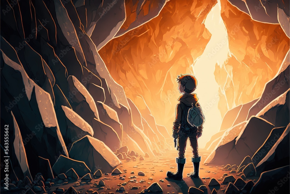 adventurous boy standing in front of the dwarf diamond mine ...