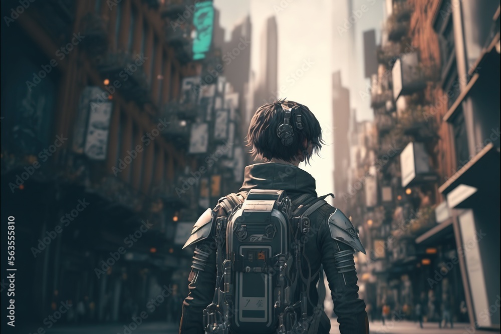 Anime robotic city in the day boy walking with the robot. illustration ...