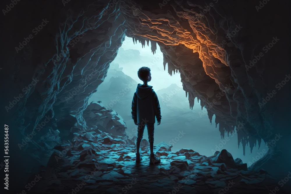 Boy in a secret cave. illustration. anime. Digital painting art ...
