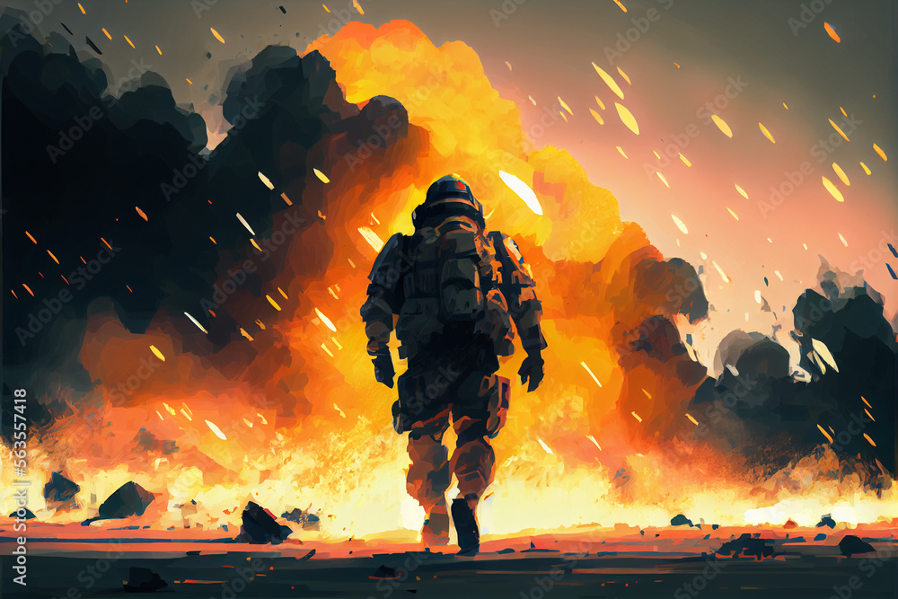 futuristic soldier running away from giant explosion, digital art style ...