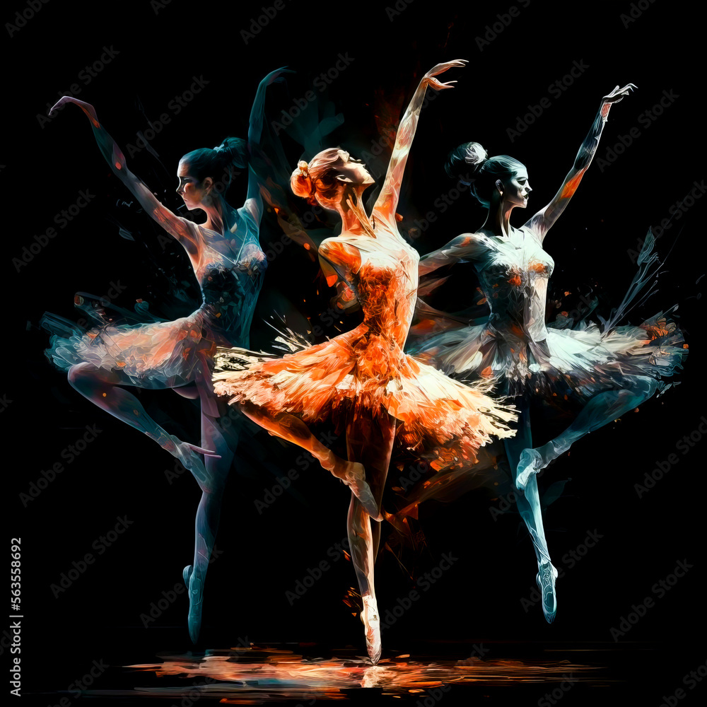 Ballerina dancing on black background. Dancer in motion with the ...