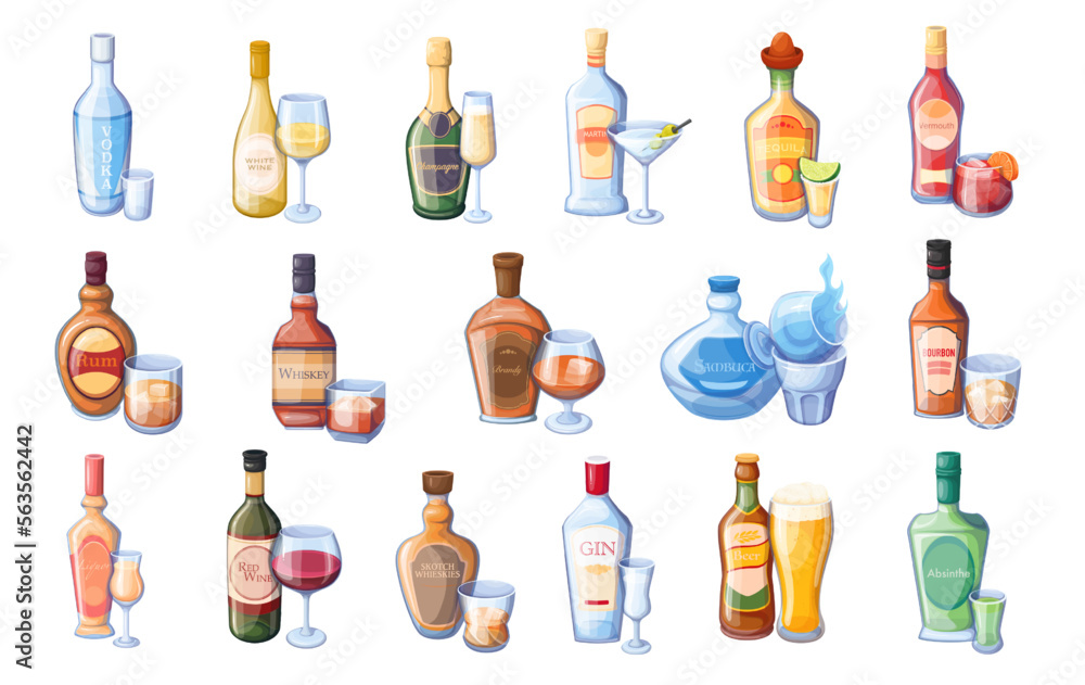 Bottles and glasses with alcohol set vector illustration. Cartoon ...
