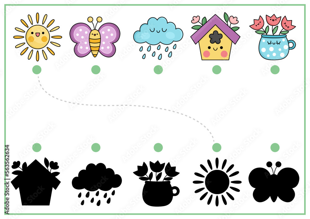 Garden shadow matching activity with traditional characters. Spring ...