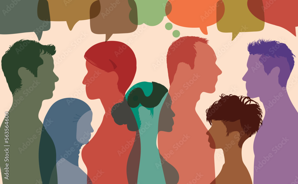 Dialogue between group of diverse people. Speech bubble and ...