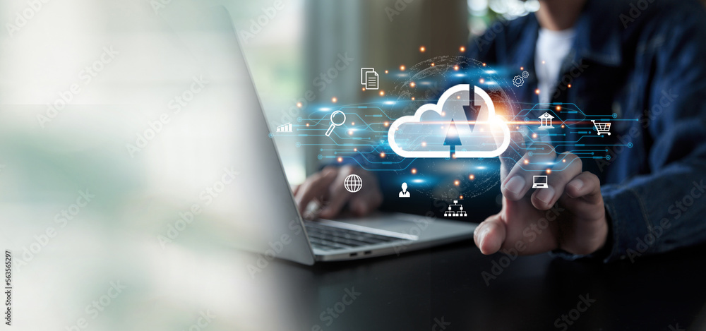 Bussiness hand using laptop with virtual popup icon of cloud computin ...